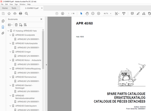 Ammann APR 40/60 Hatz 1B30 Spare Parts Catalogue Manual SN 00000001 ...