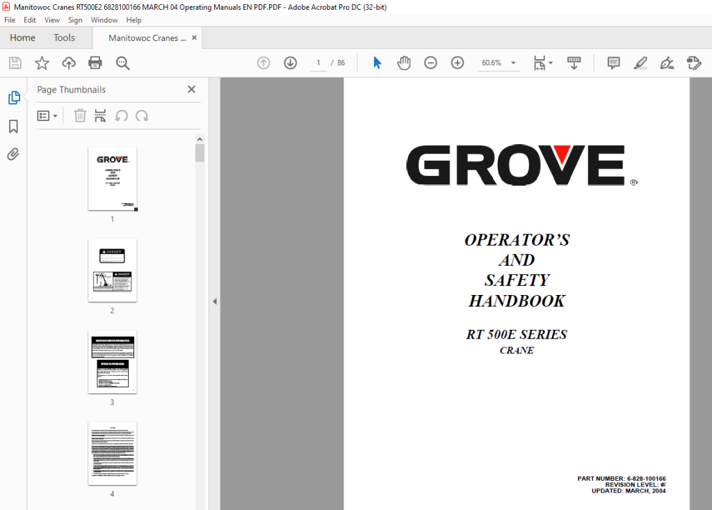 Grove Crane RT 500E SERIES OPERATOR’S AND SAFETY HANDBOOK Manual PDF ...