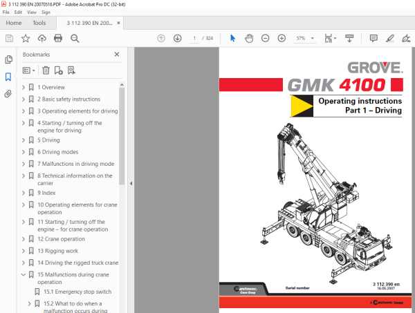 Manitowoc Grove Crane GMK4100 Part 1 Driving Operating Manual 3112390 ...