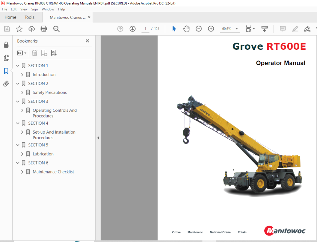 Manitowoc Grove Crane RT600E Operator Manual PDF – HeyDownloads ...
