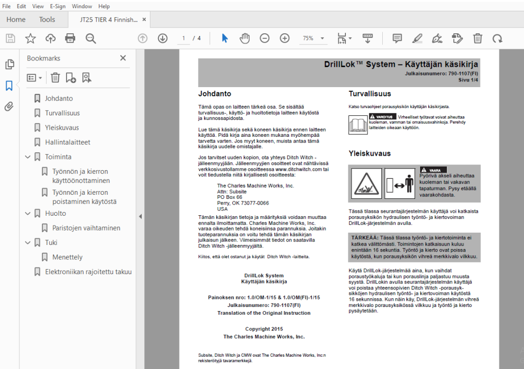 Ditch Witch JT25 TIER 4 DrillLok System Käyttäjän käsikirja PDF