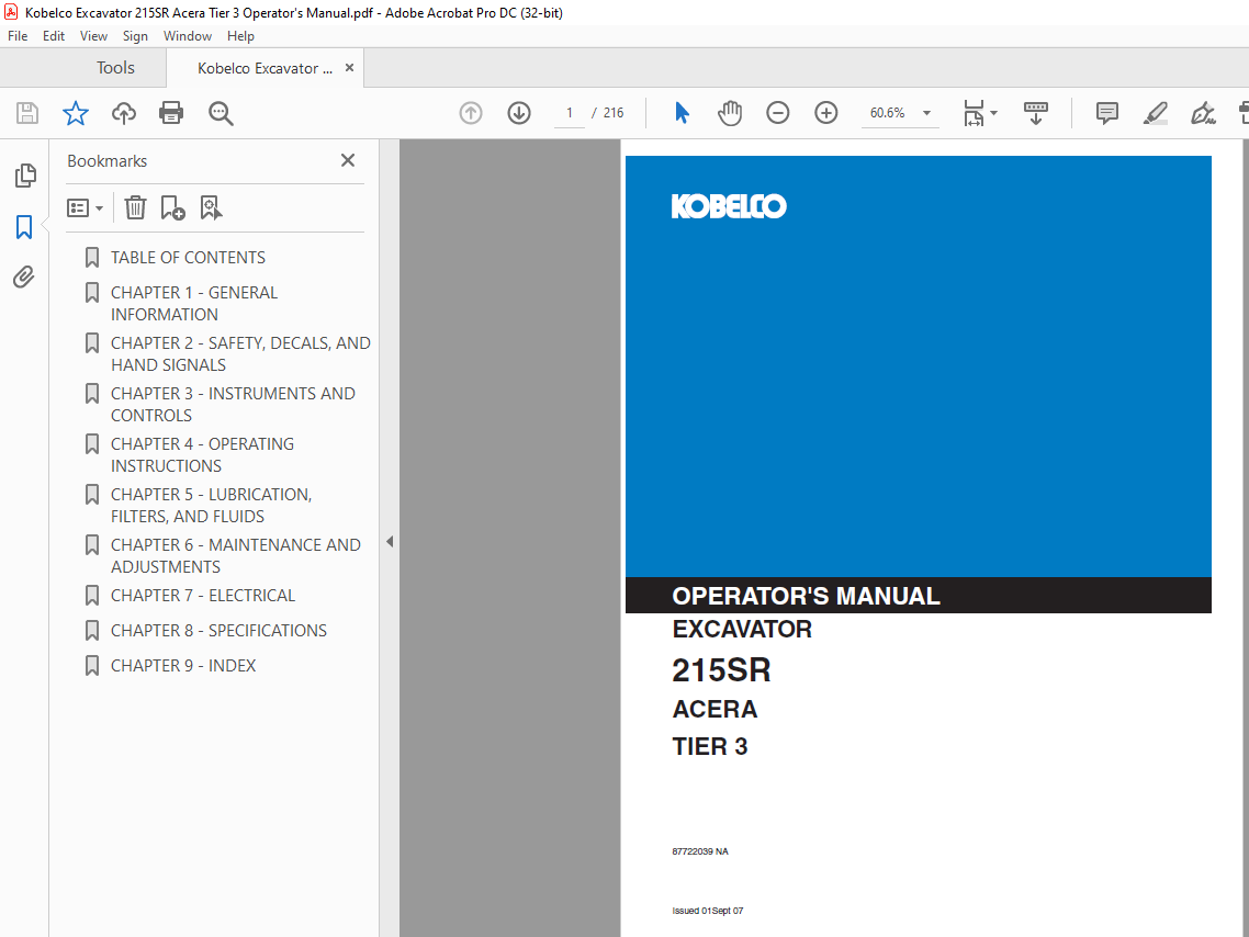 Kobelco 215SR Acera Tier 3 Excavator Operator's Manual PDF ...