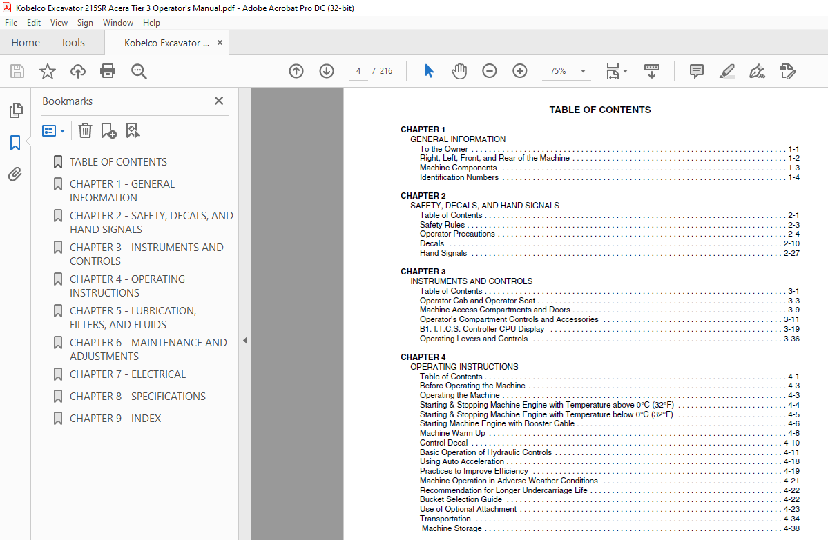 Kobelco 215SR Acera Tier 3 Excavator Operator's Manual PDF ...