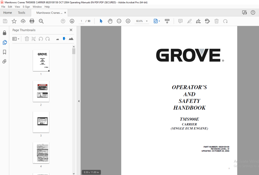Manitowoc Grove TMS900E Carrier Operator’s Manual 6828100158 PDF ...