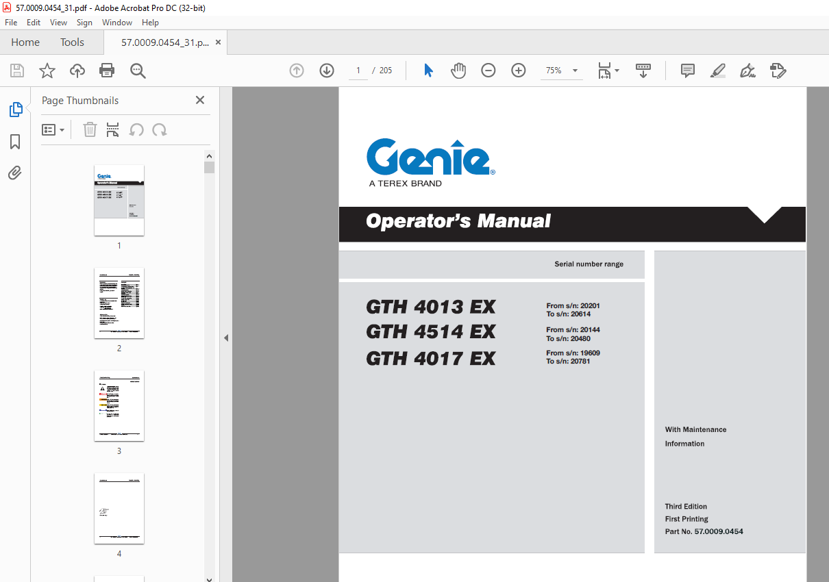 Genie Lift Truck GTH 4013 EX GTH 4514 EX GTH 4017 EX Operator's Manual PDF
