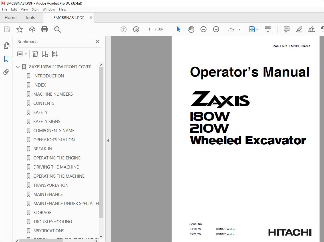 Hitachi ZAXIS 180W 210W Scrap Wheel Excavator Operator's Manual PDF ...