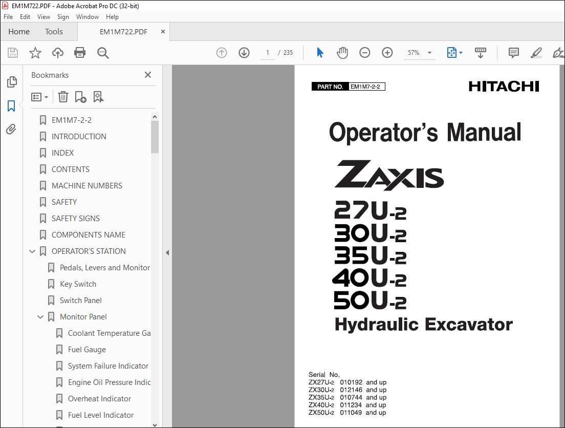 Hitachi ZAXIS 27U-2 30U-2 35U-2 40U-2 50U-2 Excavator Operator’s Manual ...