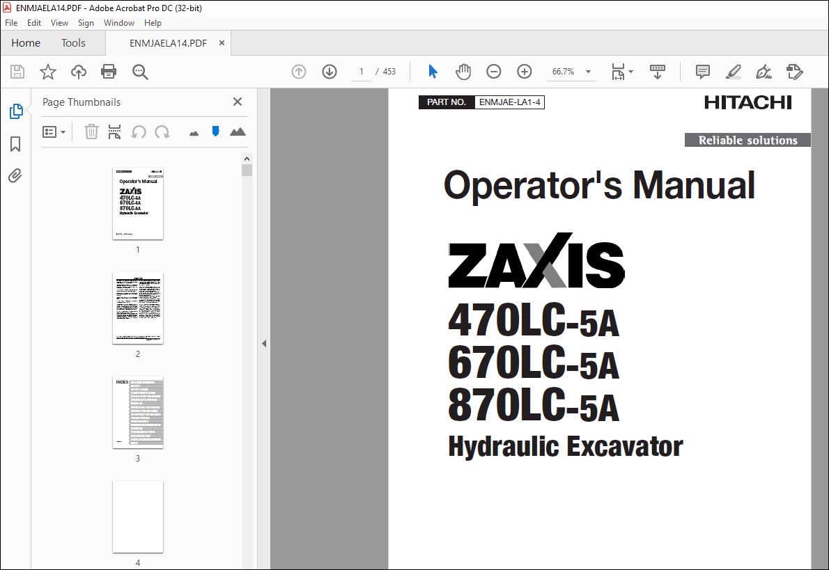 Hitachi ZAXIS 470LC-5A 670LC-5A 870LC-5A Excavator Operator's Manual PDF