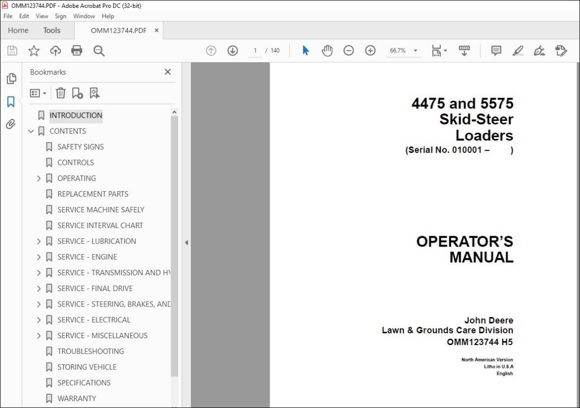 John Deere 4475 & 5575 Skid-Steer Loaders Operator's Manual PDF