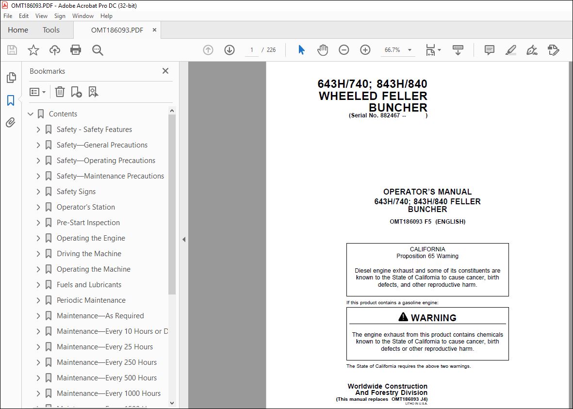 John Deere 643H/740; 843H/840 FELLER BUNCHER Operators Manual PDF ...