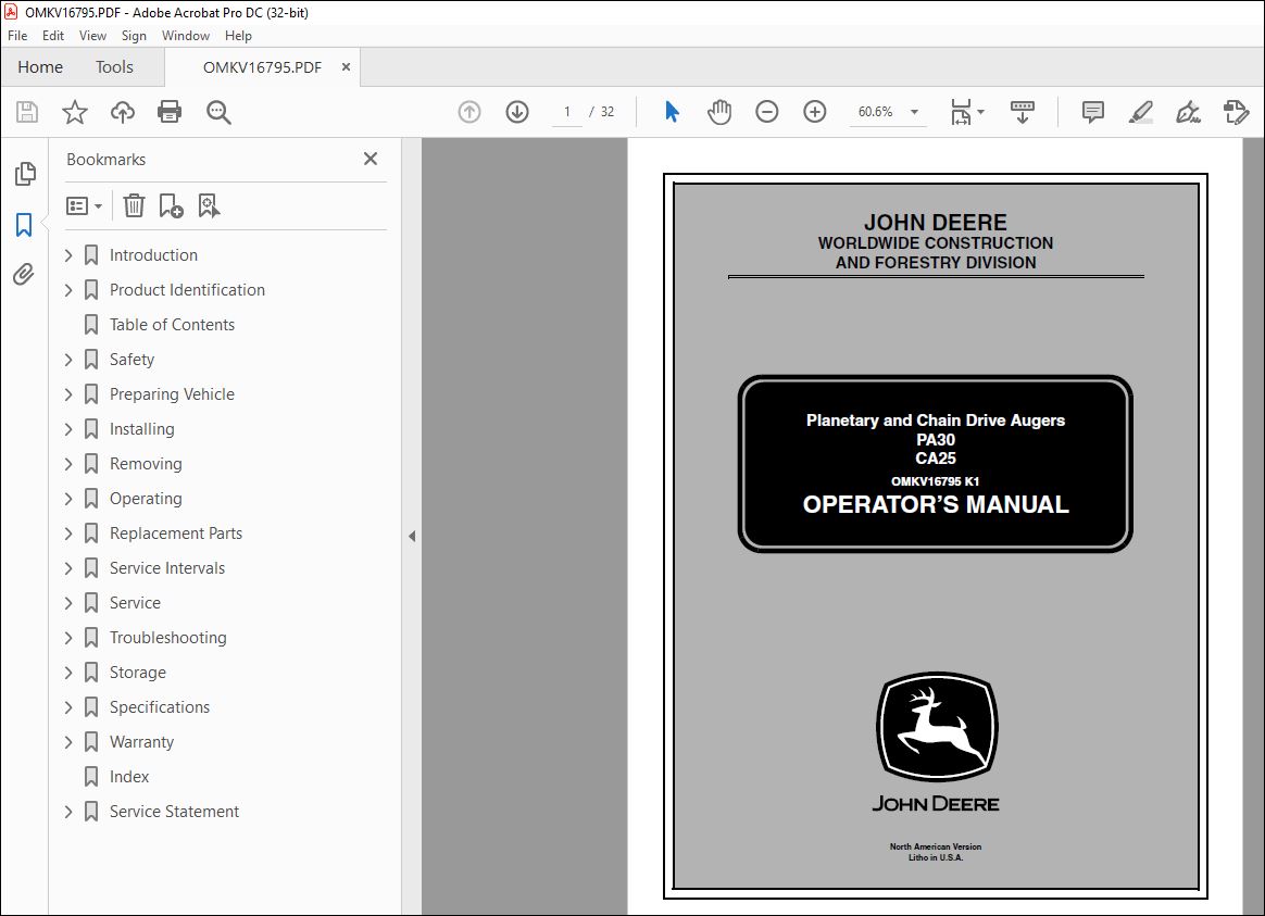 John Deere PA30 CA25 Planetary & Chain Drive Augers Operator’s Manual ...