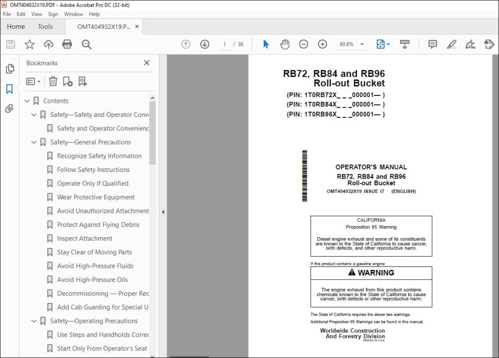 John Deere RB72, RB84 & RB96 Roll-out Bucket Operator's Manual PDF