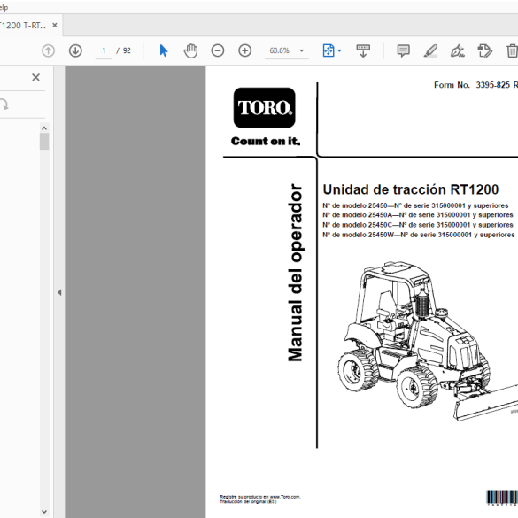 Toro Unidad de tracción RT1200 Manual del Operador 315000001 and up ...