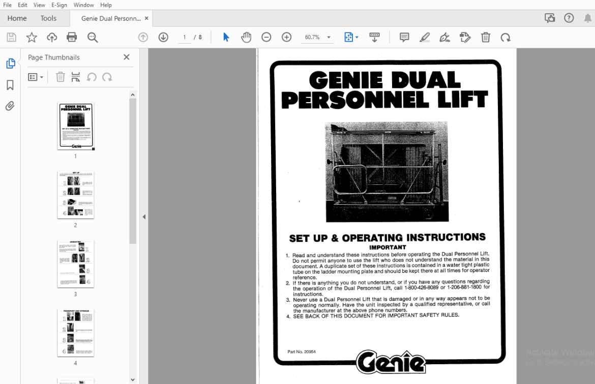 Genie Dual Personnel Lift Set up & Operating Instructions Manual 20954 ...