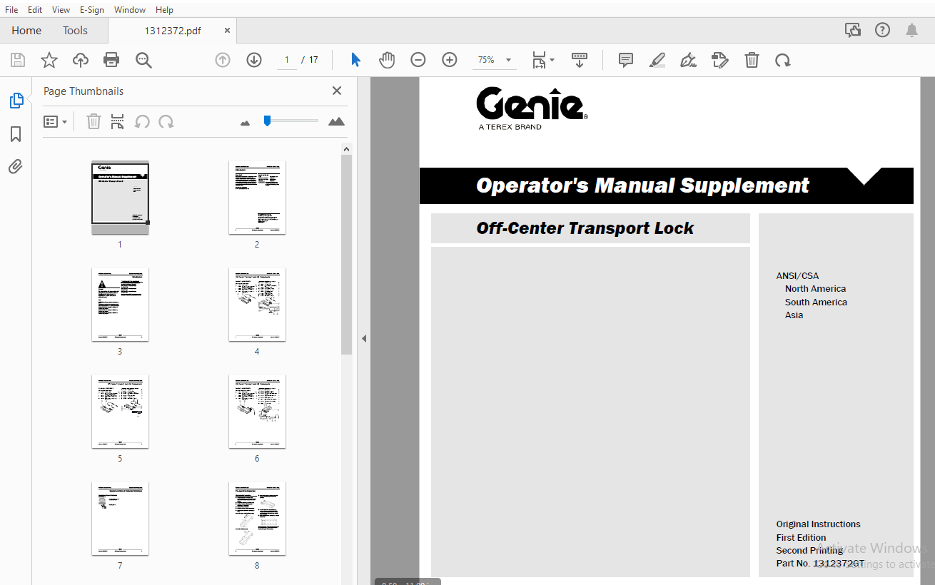 Genie Off-Center Transport Lock Operator's Manual (Supplement) - PDF