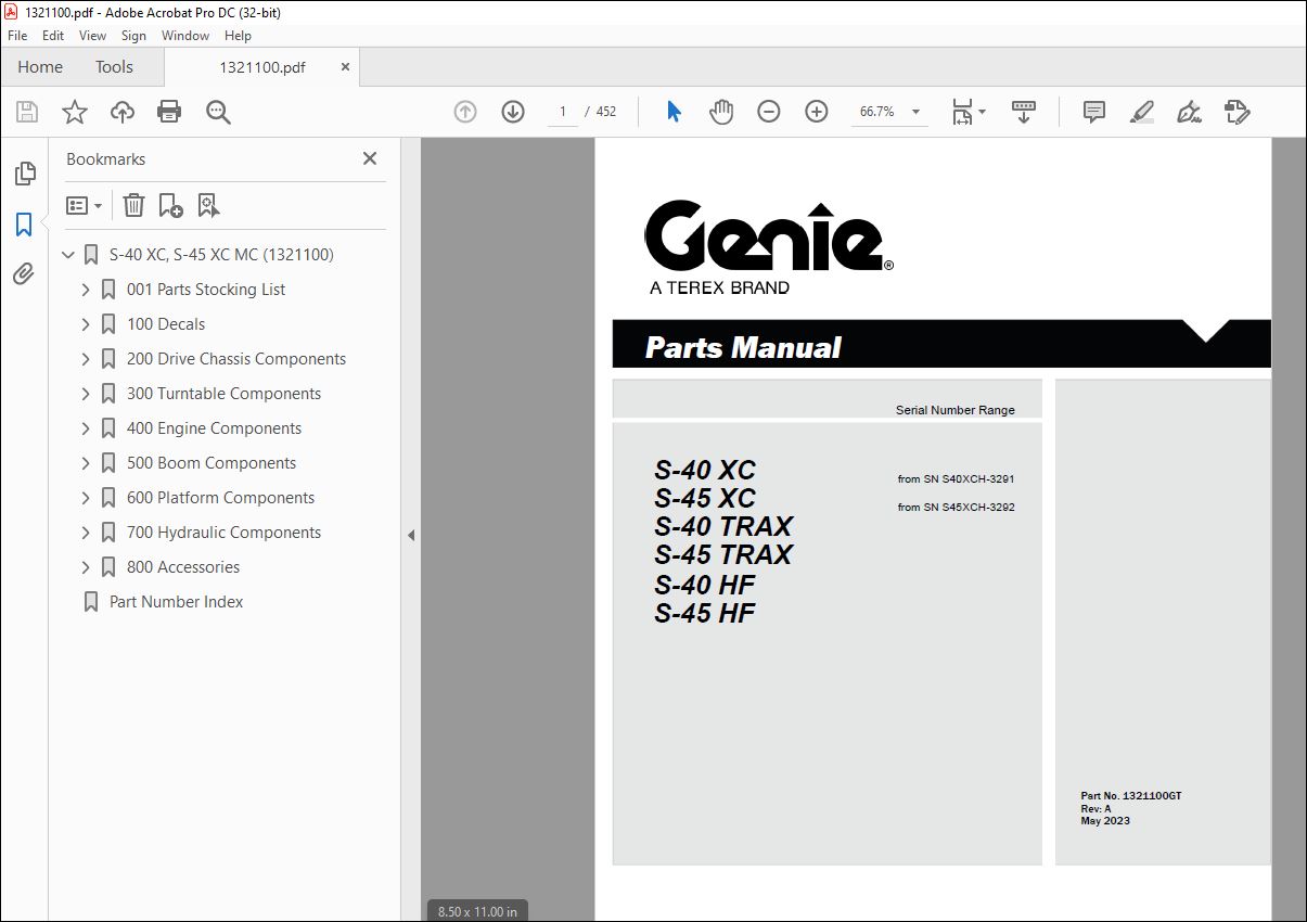 Genie S-40 XC S-45 XC S-40 TRAX S-45 TRAX S-40 HF S-45 HF Parts Manual PDF