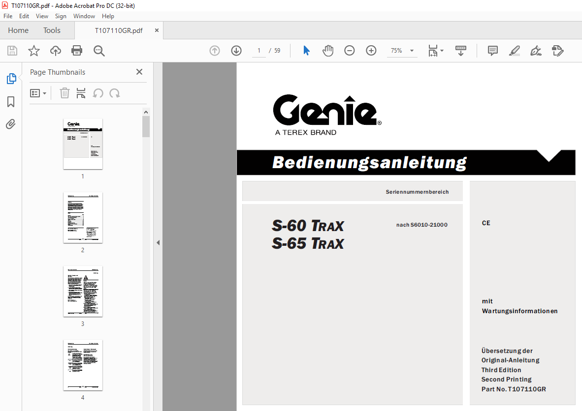 Genie lift S-60 TRAX S-65 TRAX Bedienungsanleitung 107110 PDF ...
