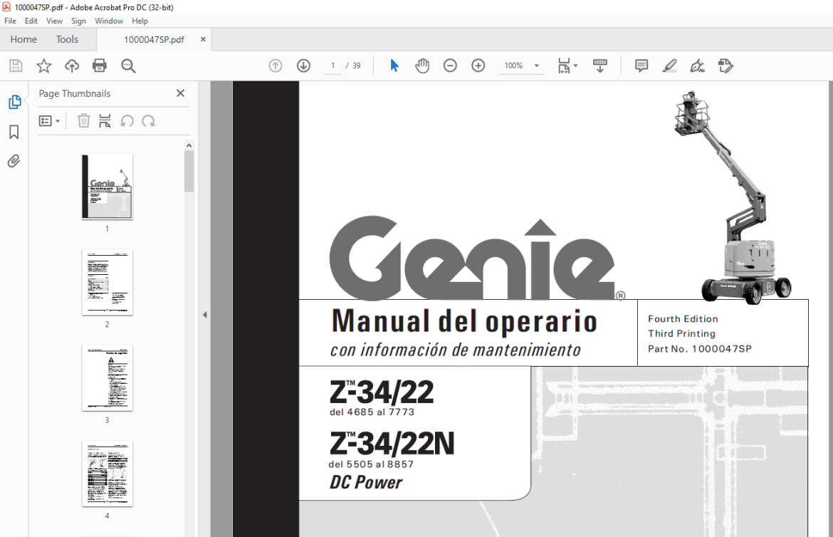 Genie lift Z-34/22 Z-34/22N DC Power Manual del operario 1000047
