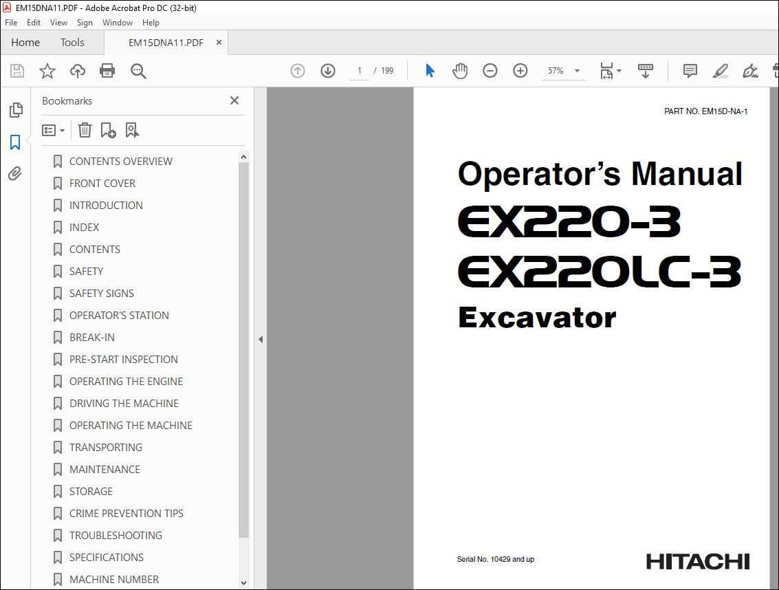 Hitachi EX220-3 EX220LC-3 Excavator Operator's Manual EM15DNA11 PDF