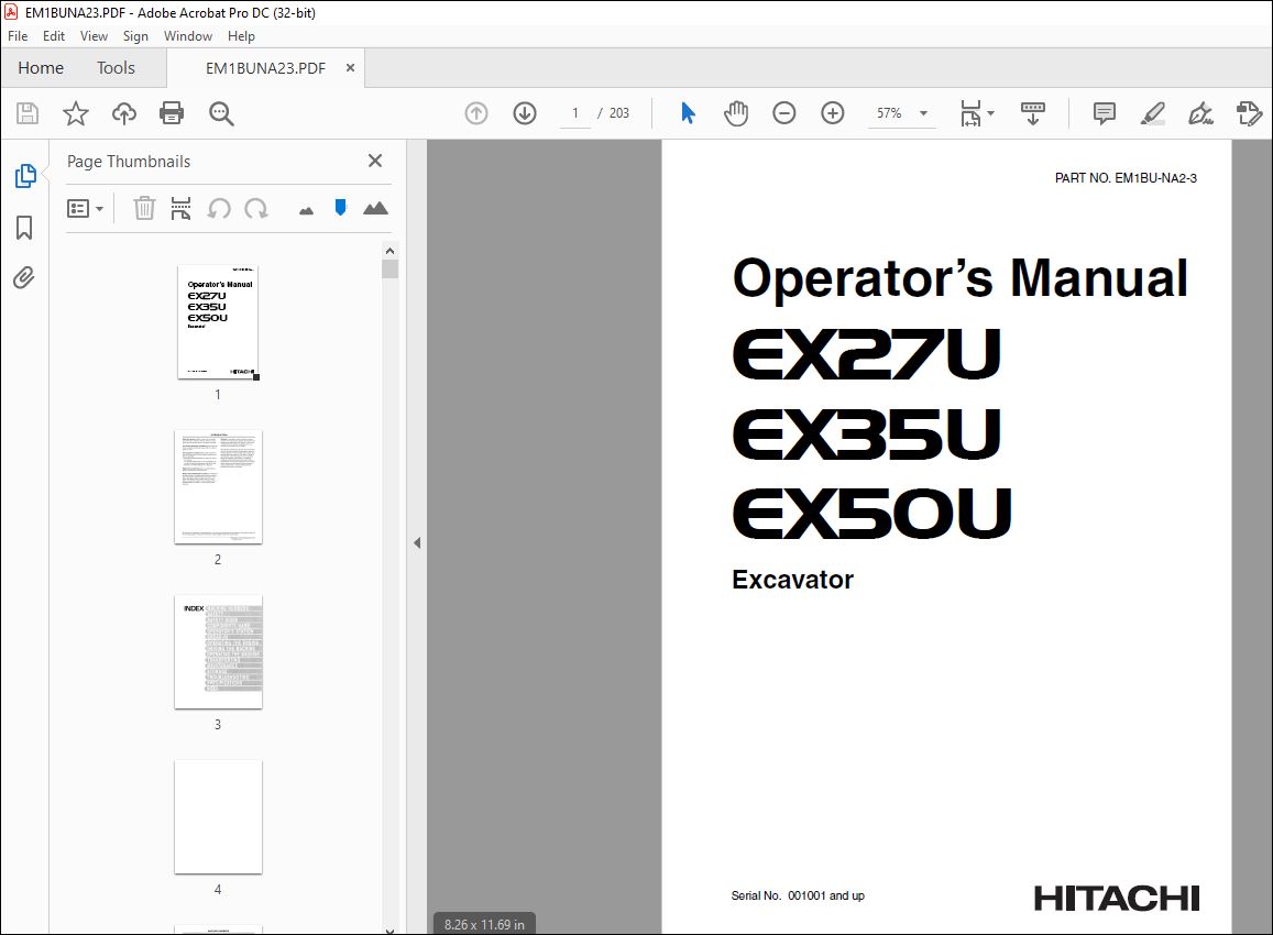 Hitachi EX27U EX35U EX50U Excavator Operator’s Manual EM1BUNA23 PDF ...
