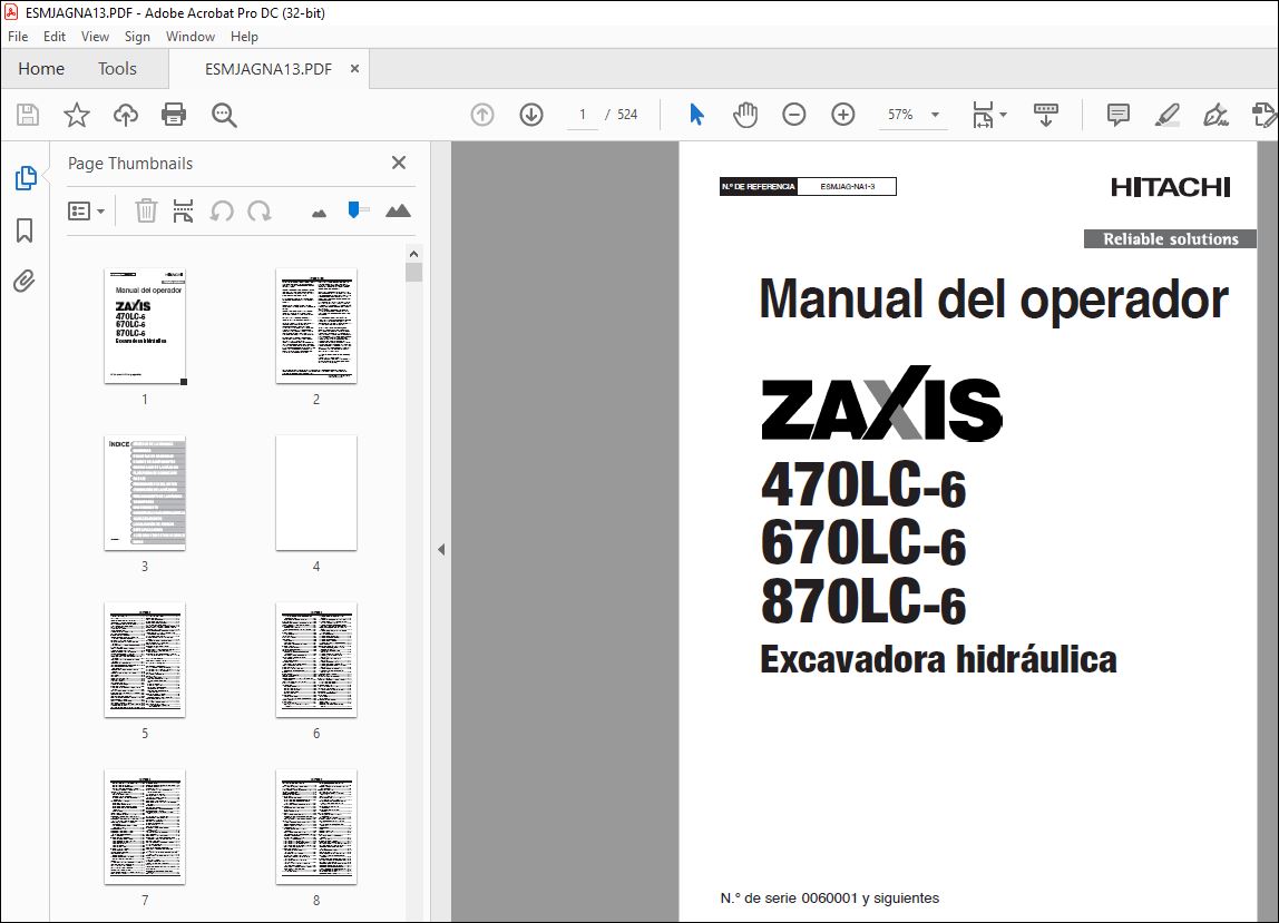 Hitachi ZAXIS 470LC-6 670LC-6 870LC-6 Excavadora Manual del operador ...