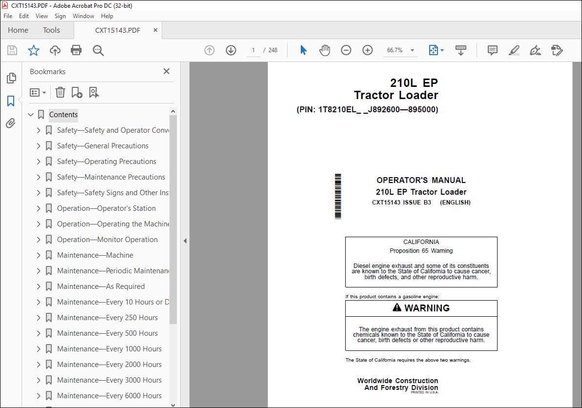 John Deere 210L EP Tractor Loader Operator's Manual CXT15143 PDF ...