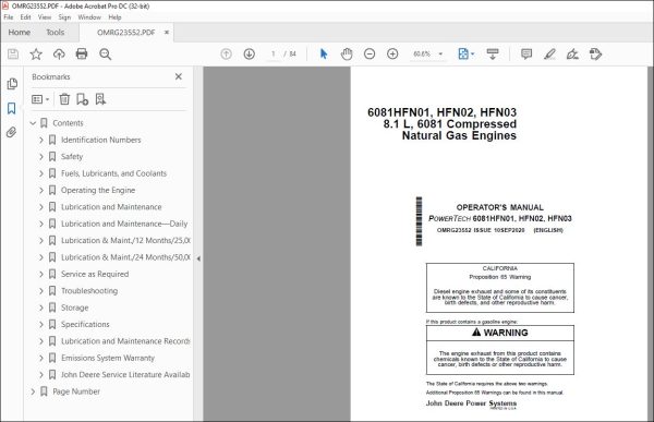John Deere 6081HFN01, HFN02, HFN03 8.1 L, 6081 Operator's Manual PDF ...