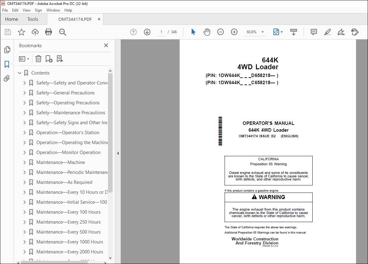 John Deere 644K 4WD Loader Operator's Manual OMT344174 - PDF DOWNLOAD ...