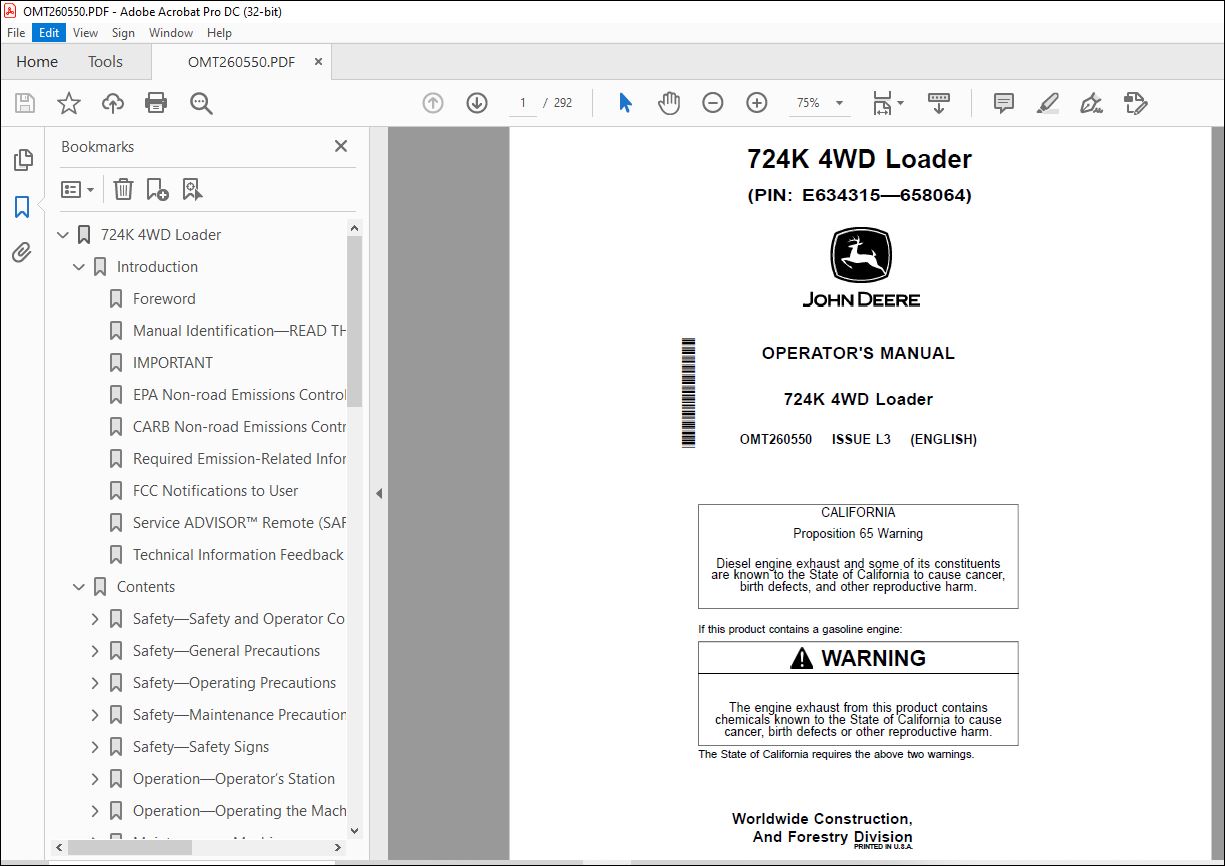 John Deere 724K 4WD Loader Operator's Manual OMT260550 - PDF DOWNLOAD