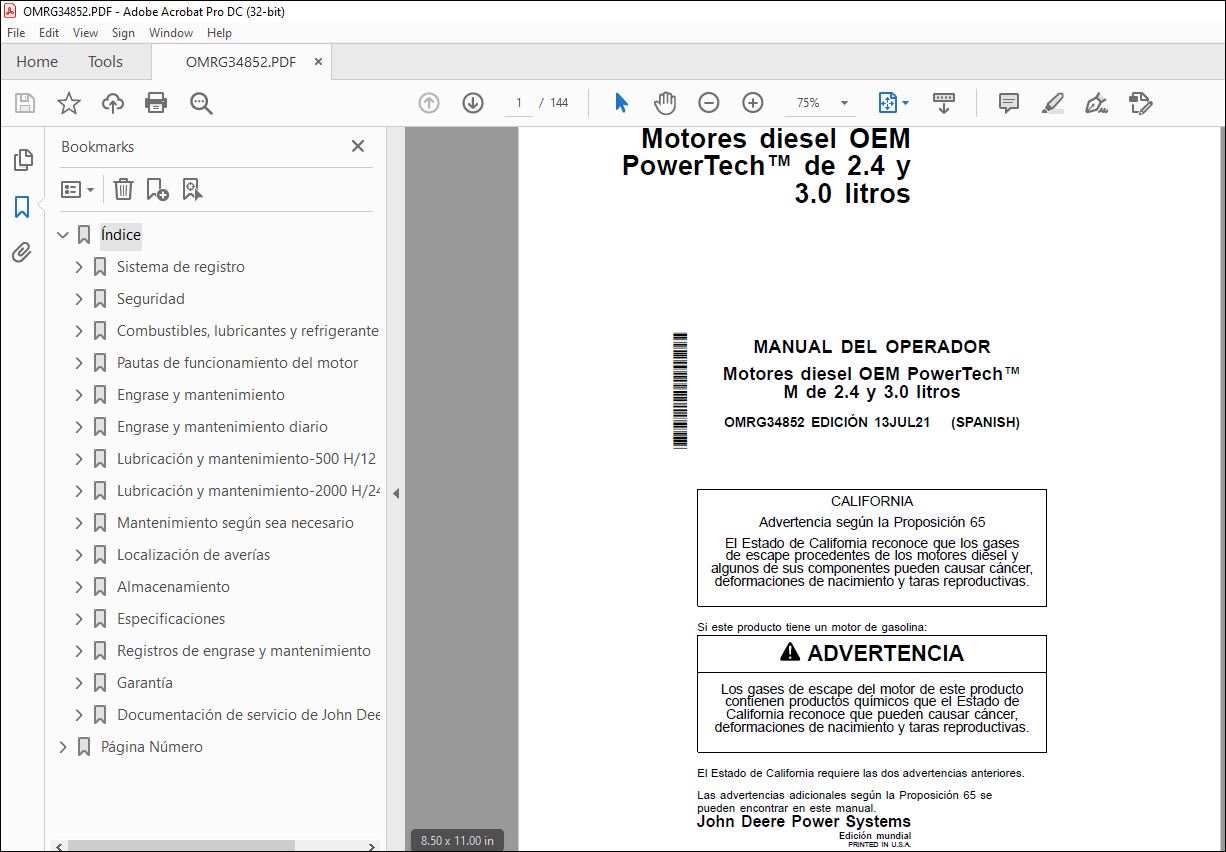 John Deere Motores diesel 2.4 y 3.0 litros MANUAL DEL OPERADOR PDF ...