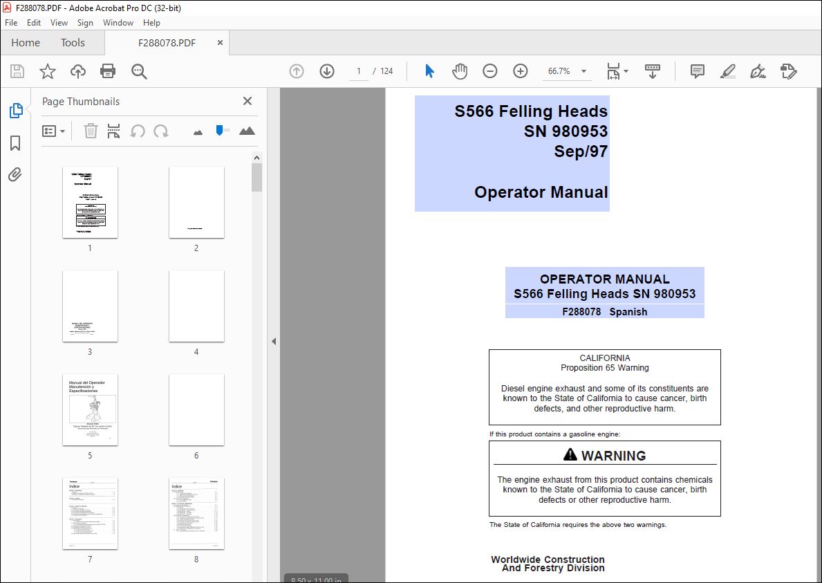 John Deere S566 Felling Heads OPERATOR MANUAL F288078 - PDF DOWNLOAD ...
