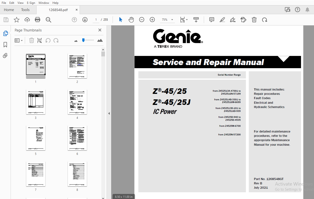 Genie Z-45/25 Z-45/25J IC Power Service & Repair Manual 1268548 - PDF ...