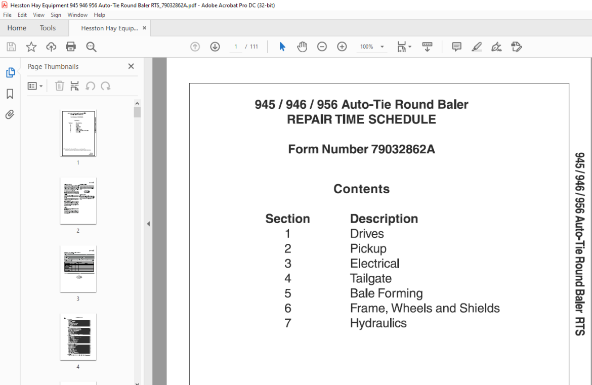Hesston 945/946/956 Auto-Tie Round Baler Repair Time Schedule Manual ...