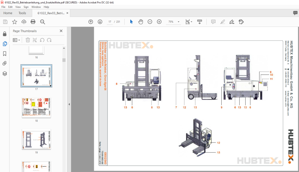 Hubtex Forklift MD30 Betriebsanleitung und Ersatzteilliste Manual 61022 ...