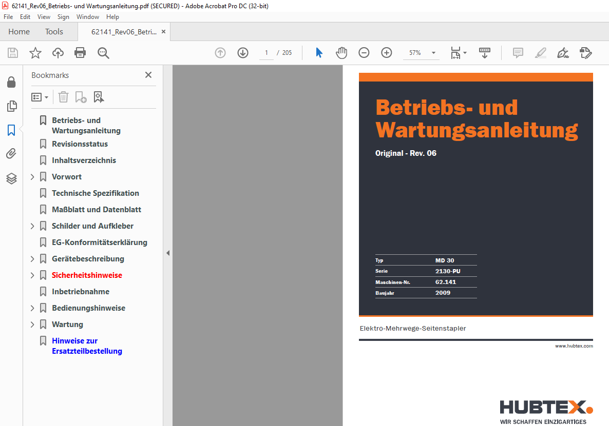 Hubtex Forklift MD30D Betriebs- und Wartungsanleitung Manual 62141