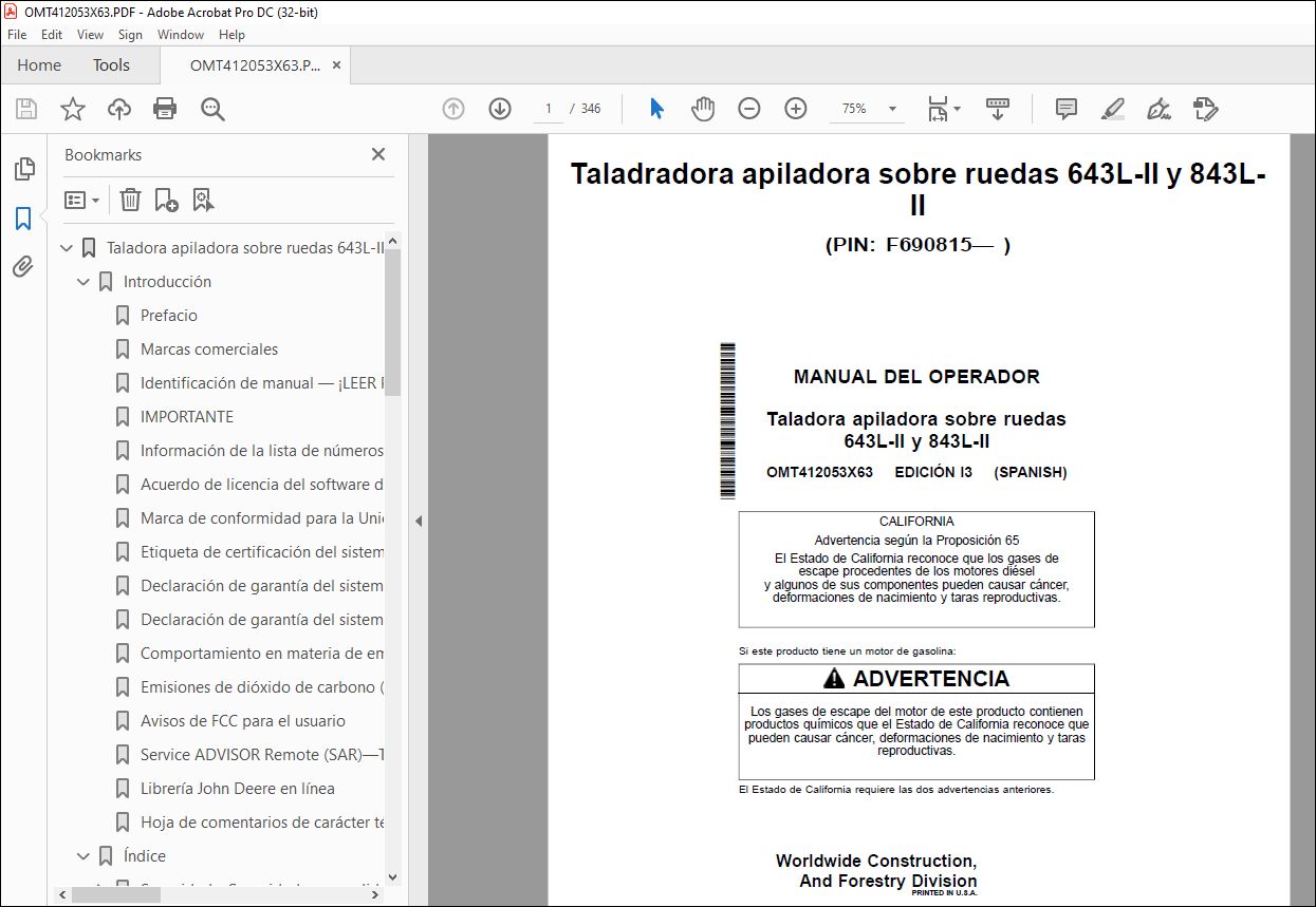 John Deere Taladora apiladora 643L-II y 843L-II MANUAL DEL OPERADOR PDF