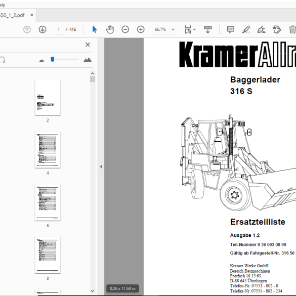 Kramer Allrad 312 SL/SLx Wheel loader Parts Manual 31230 - PDF
