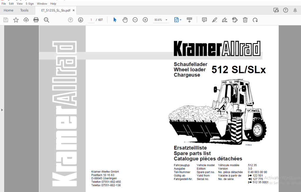 Kramer Allrad 512 SL/SLx Wheel loader Parts Manual – PDF DOWNLOAD ...