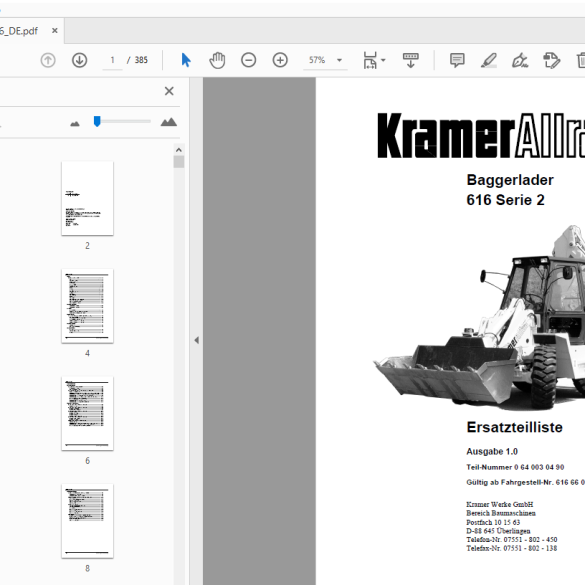 Kramer Allrad 312 SL/SLx Wheel loader Parts Manual 31230 - PDF