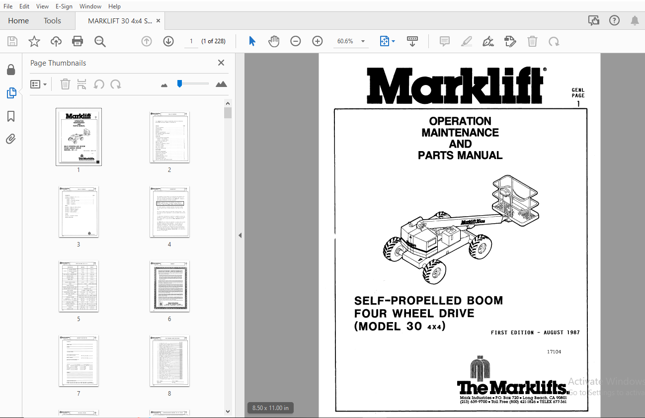 MARKLIFT 30 4x4 SELF-PROPELLED BOOM FOUR WHEEL DRIVE OPERATION & PARTS ...