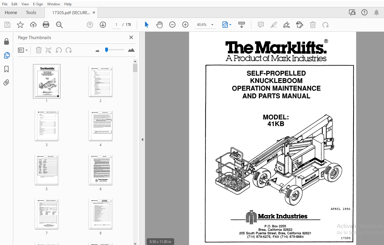 MARKLIFT 41KB SELF-PROPELLED KNUCKLEBOOM OPERATION & PARTS MANUAL - PDF