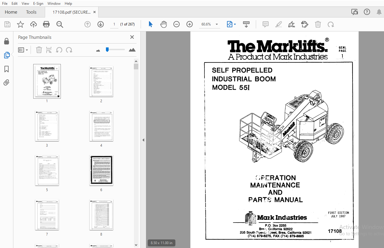 MARKLIFT MODEL 551 SELF PROPELLED INDUSTRIAL BOOM OPERATION & PARTS ...