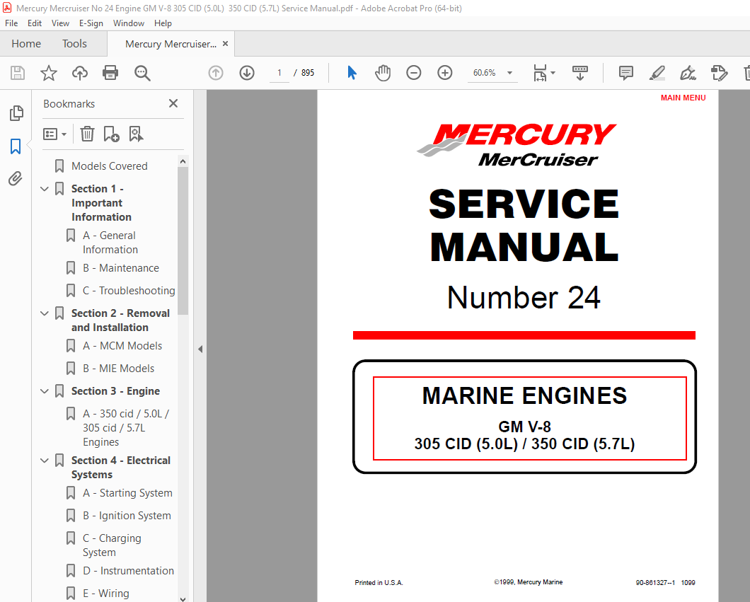 Mercury Mercruiser No 24 Engine GM V-8 305 CID (5.0L) / 350 CID (5.7L ...