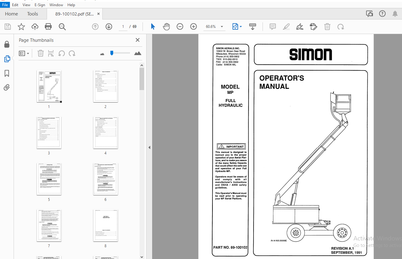 SIMON MP FULL HYDRAULIC OPERATOR'S MANUAL 89-100102 - PDF ...