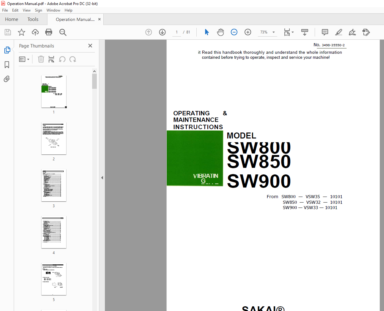 Sakai Vibrating Rolling SW800 SW850 SW900 OPERATING & MAINTENANCE Manual