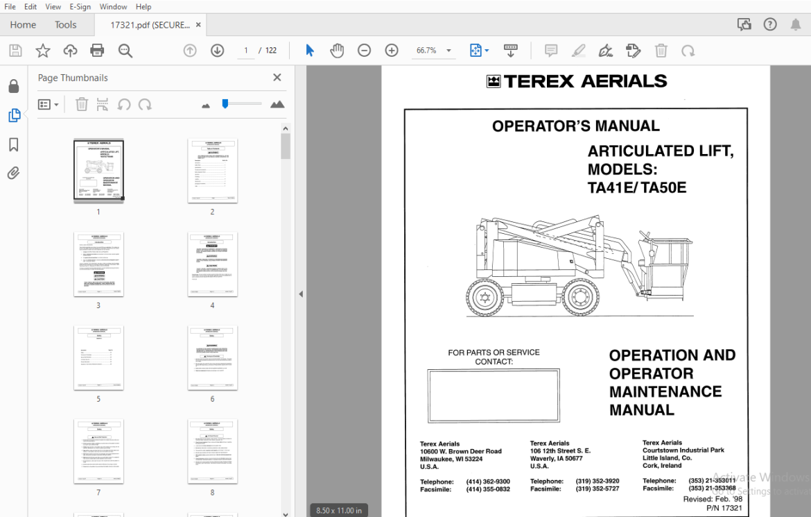 TEREX AERIALS TA41E TA50E ARTICULATED LIFT OPERATOR'S MANUAL - PDF ...