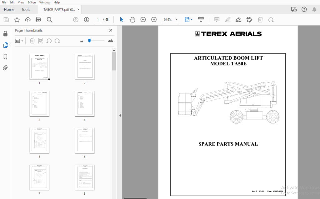 TEREX AERIALS TA50E ARTICULATED BOOM LIFT SPARE PARTS MANUAL - PDF