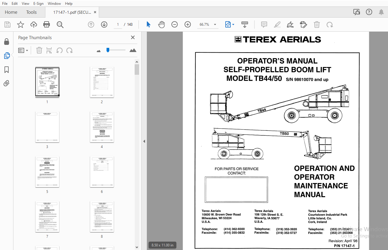 TEREX AERIALS TB44/50 SELF-PROPELLED BOOM LIFT OPERATOR'S MANUAL - PDF
