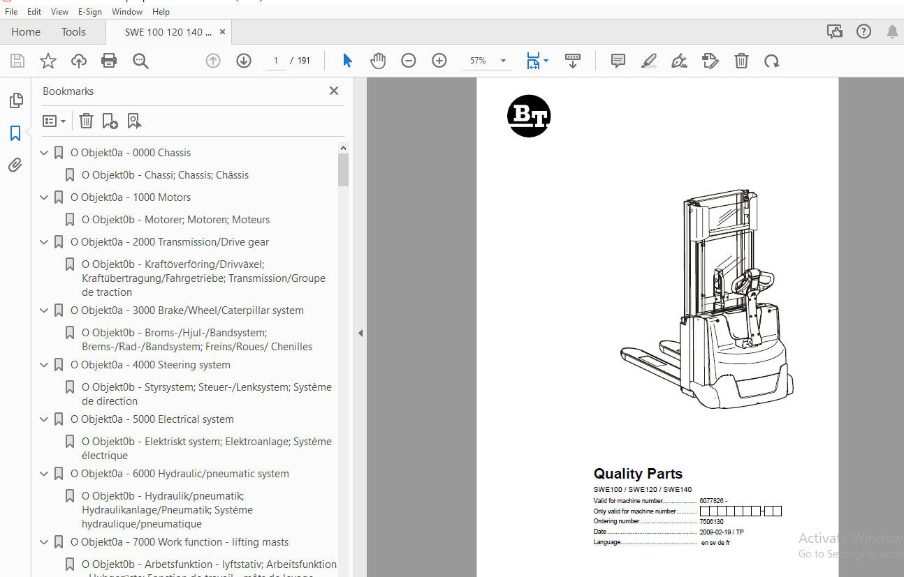 BT Forklift SWE100/SWE120/SWE140 Quality Parts Manual - PDF