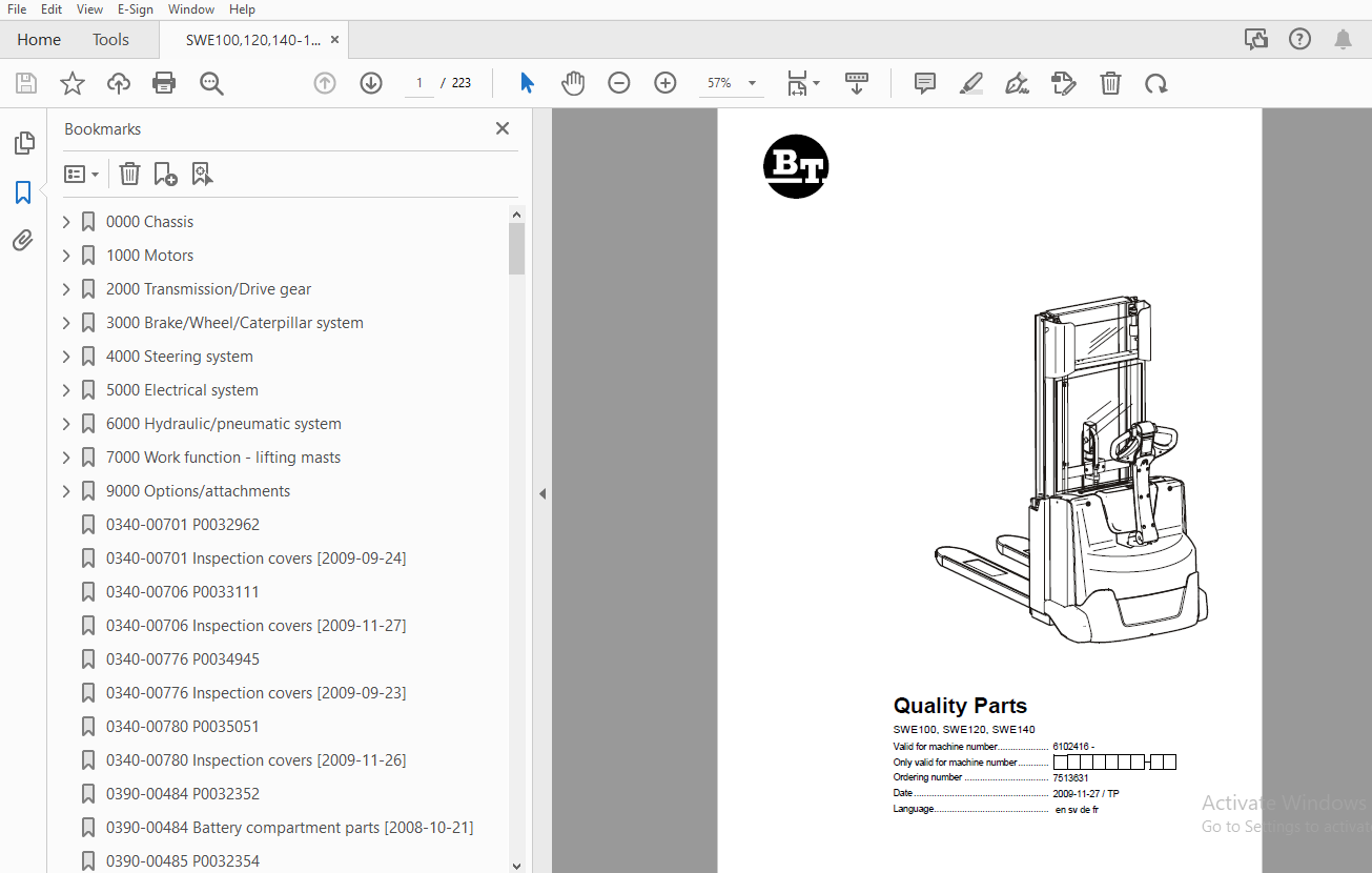 BT Forklift SWE100,SWE120,SWE140 Quality Parts Manual - PDF